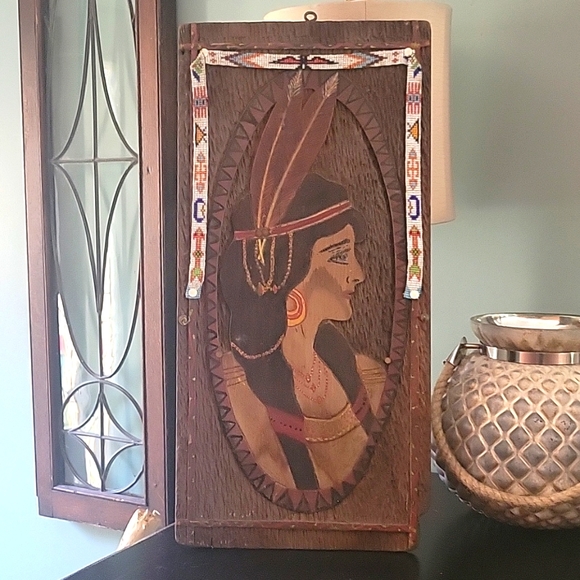 Art | Vintage Pyrography American Indian Female With Added Beading As ...